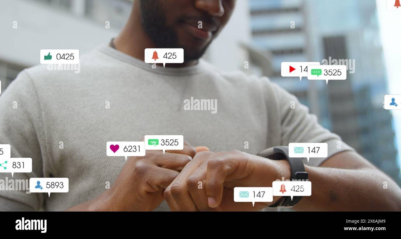 Image of social media icons with numbers over african american man using smartwatch Stock Photo ...