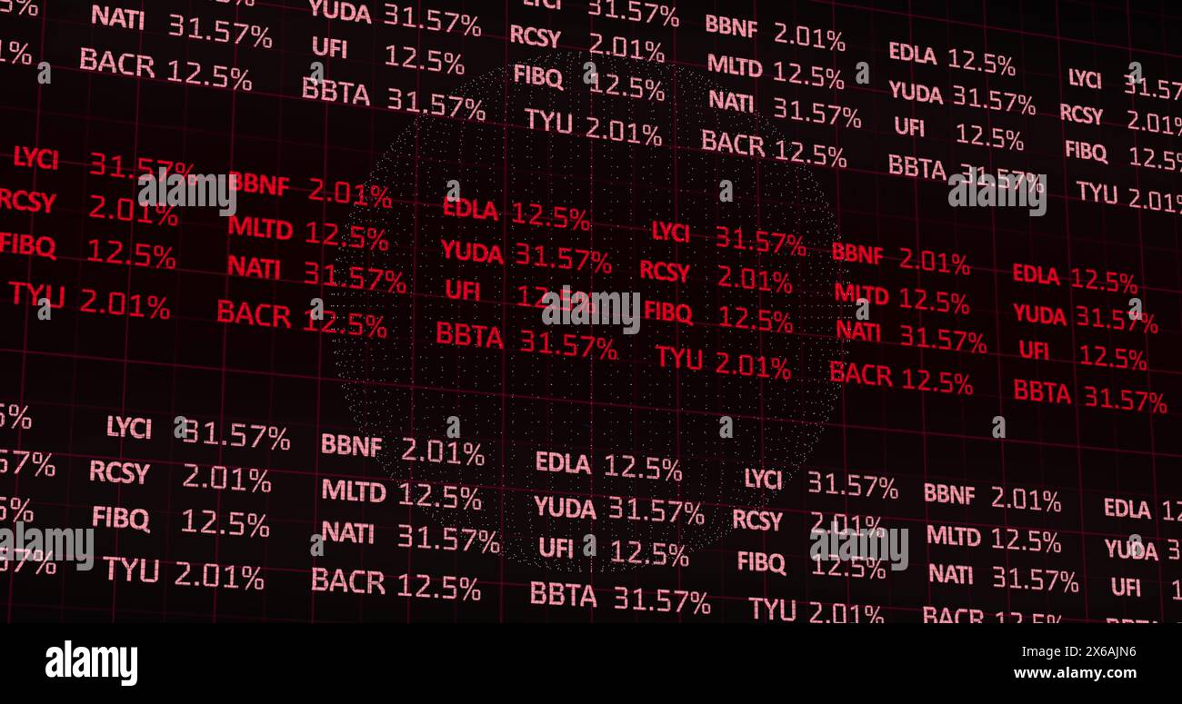 Image of connected icons around globe over trading board against black ...