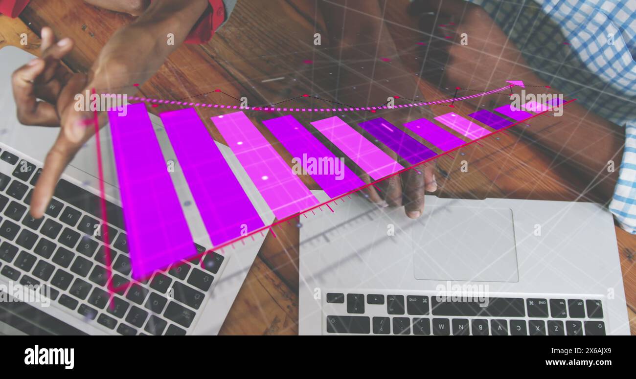 The financial statistics recording with arrow pointing down over white grid on black background ...