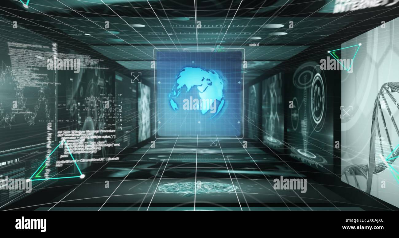 Image of glitch effect over neon triangular shapes against screens with medical data processing ...