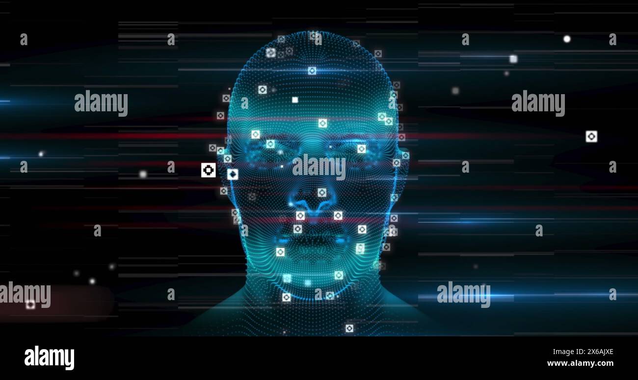 Man with glowing facial recognition markers and surrounding tech ...