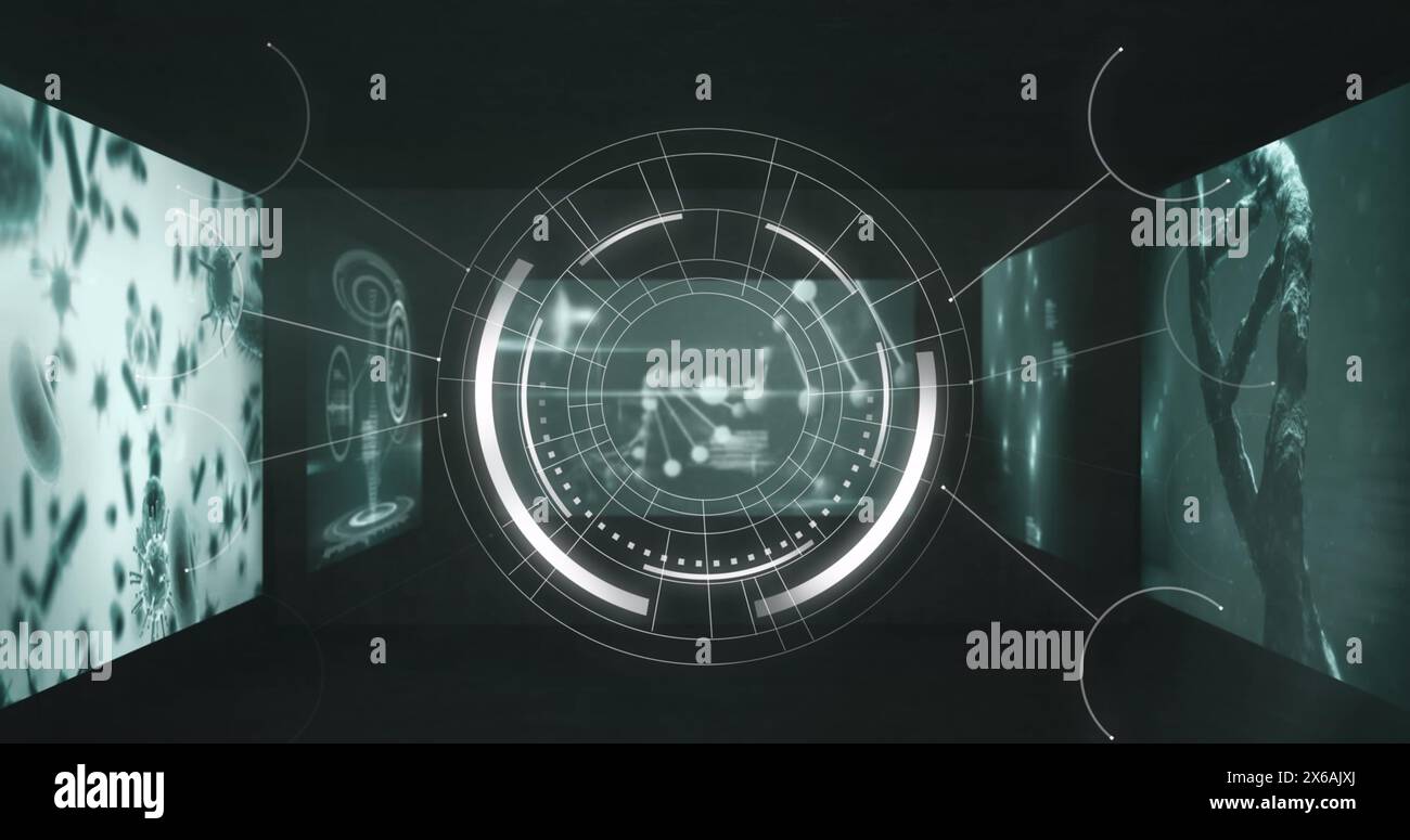 Image of round scanner spinning against screens with medical data processing on black background ...