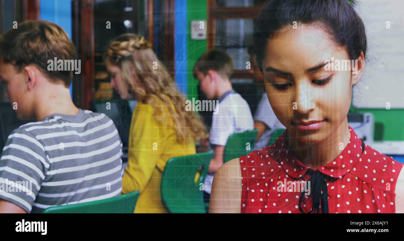 Image of data processing over biracial girl using digital tablet and ...