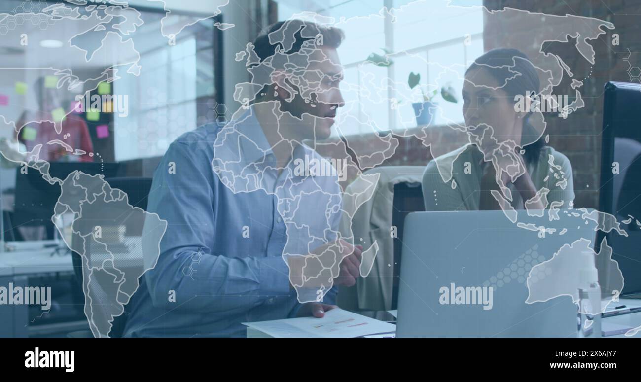 Image of data processing and world map over diverse man and woman ...