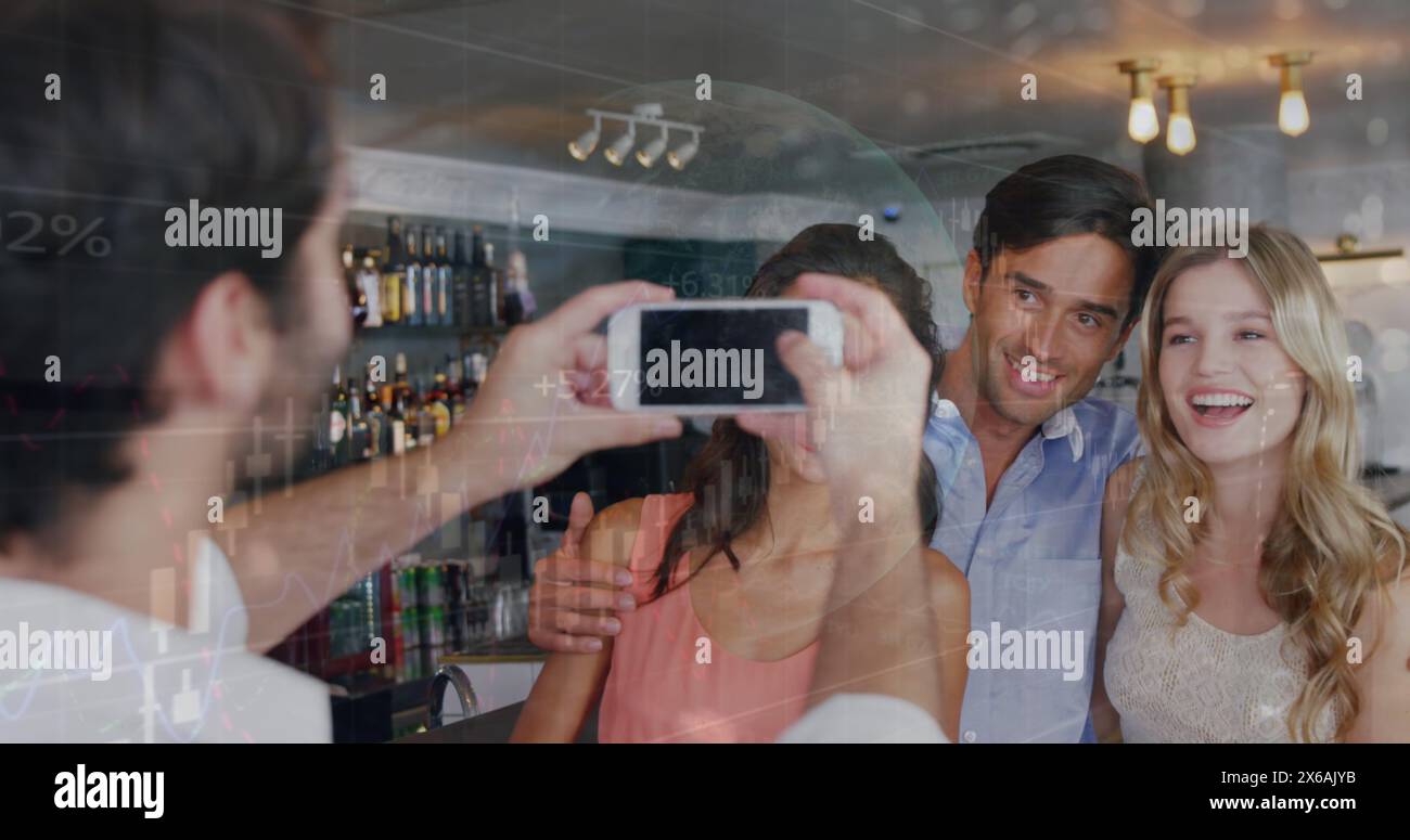 Image of data processing over caucasian male waiter taking picture of ...