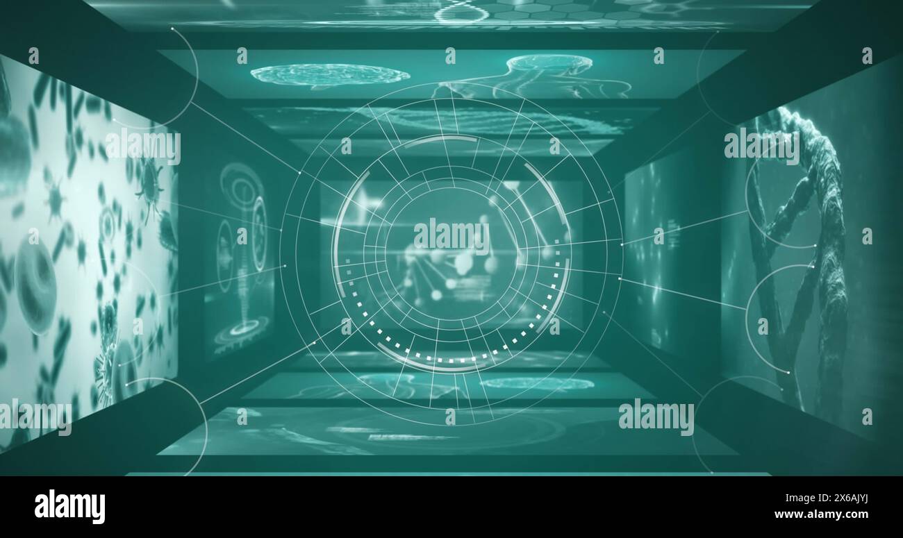 Image of round scanner spinning against screens with medical data processing on green background ...
