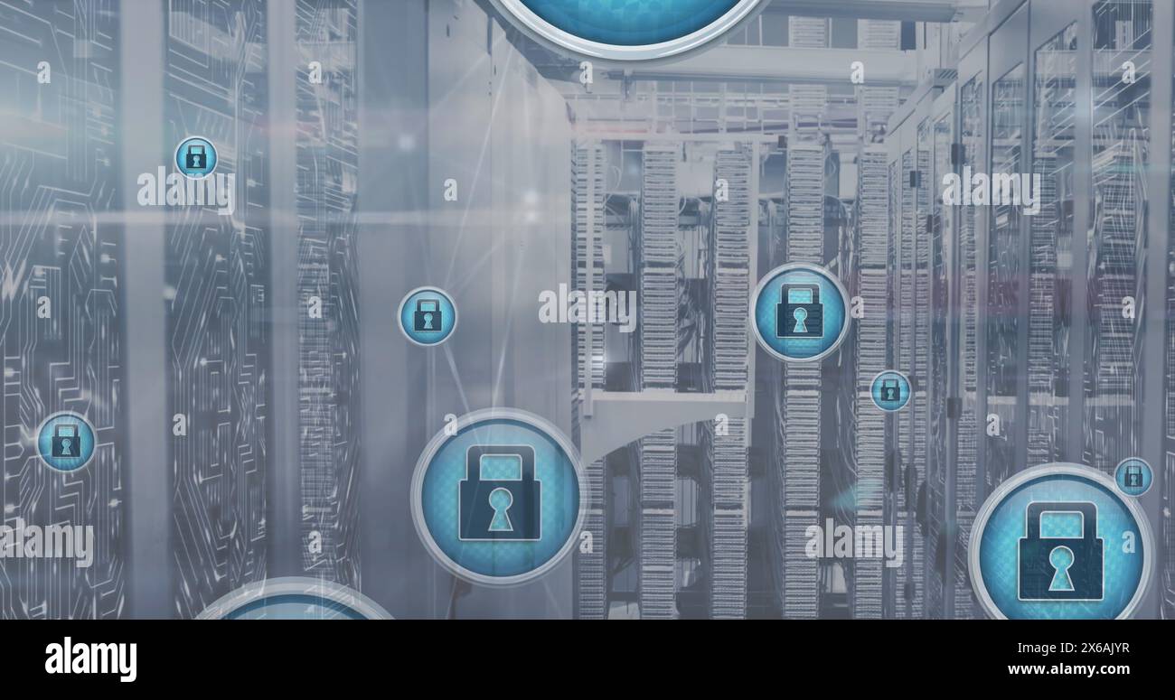 Image of padlock in circles over circuit board pattern on server racks in server room Stock ...