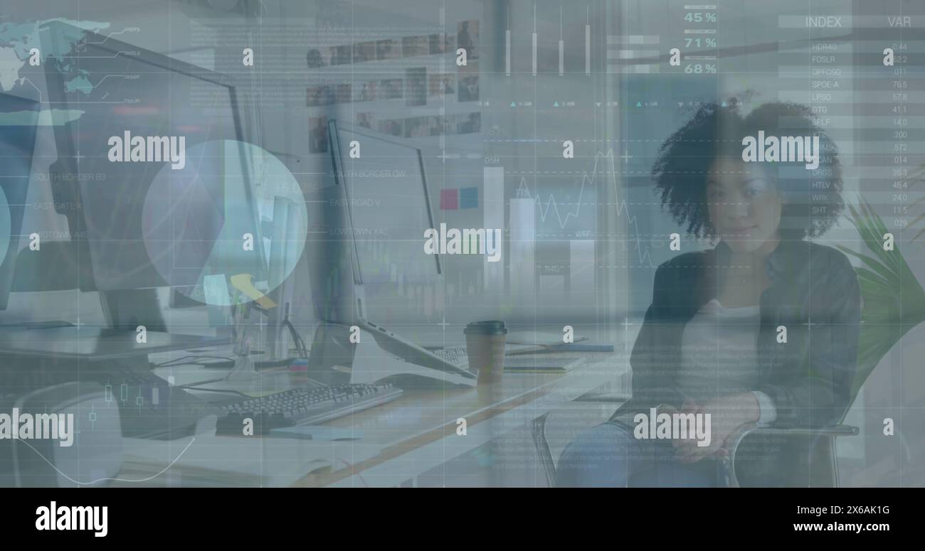 Image Of Statistical Data Processing Against African American Woman Taking Notes At Office Stock