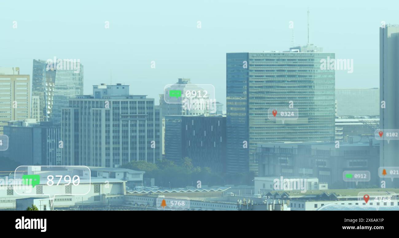Image of social media icons and data processing over cityscape Stock ...