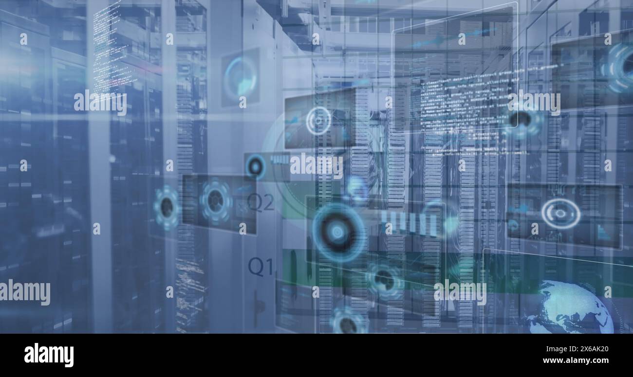 Image of digital clock, radars, globe, computer language against server ...