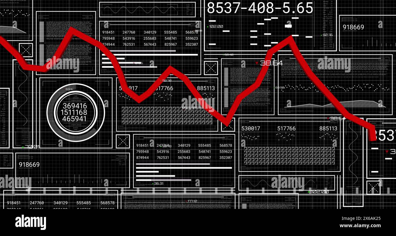 Image of red graph over interfaces with data processing against black ...