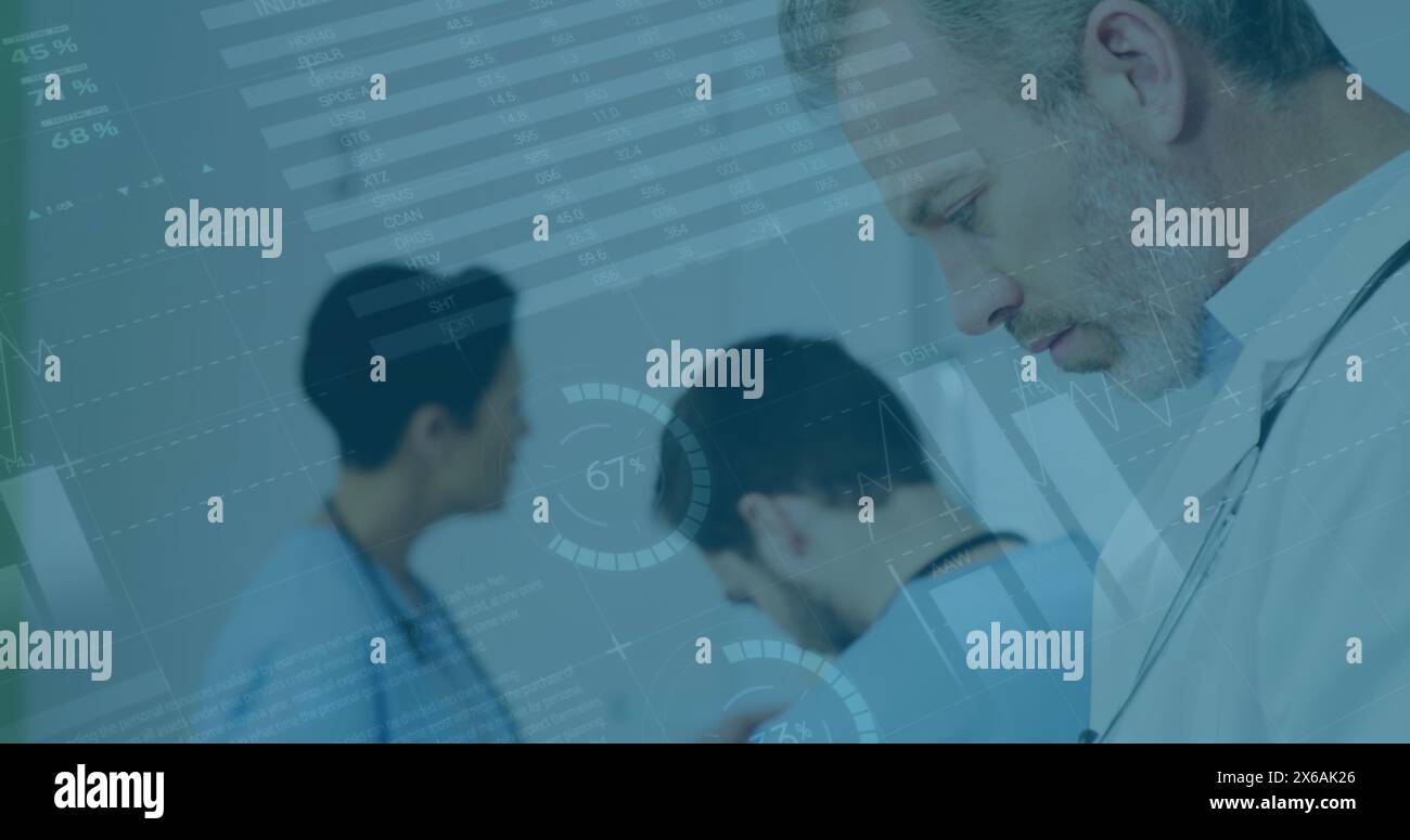 Image of digital icons and data processing on caucasian male doctor ...