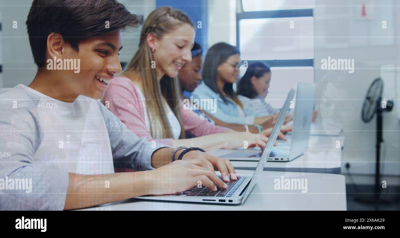 Image of data processing against group of diverse students using laptop at school Stock Photo ...