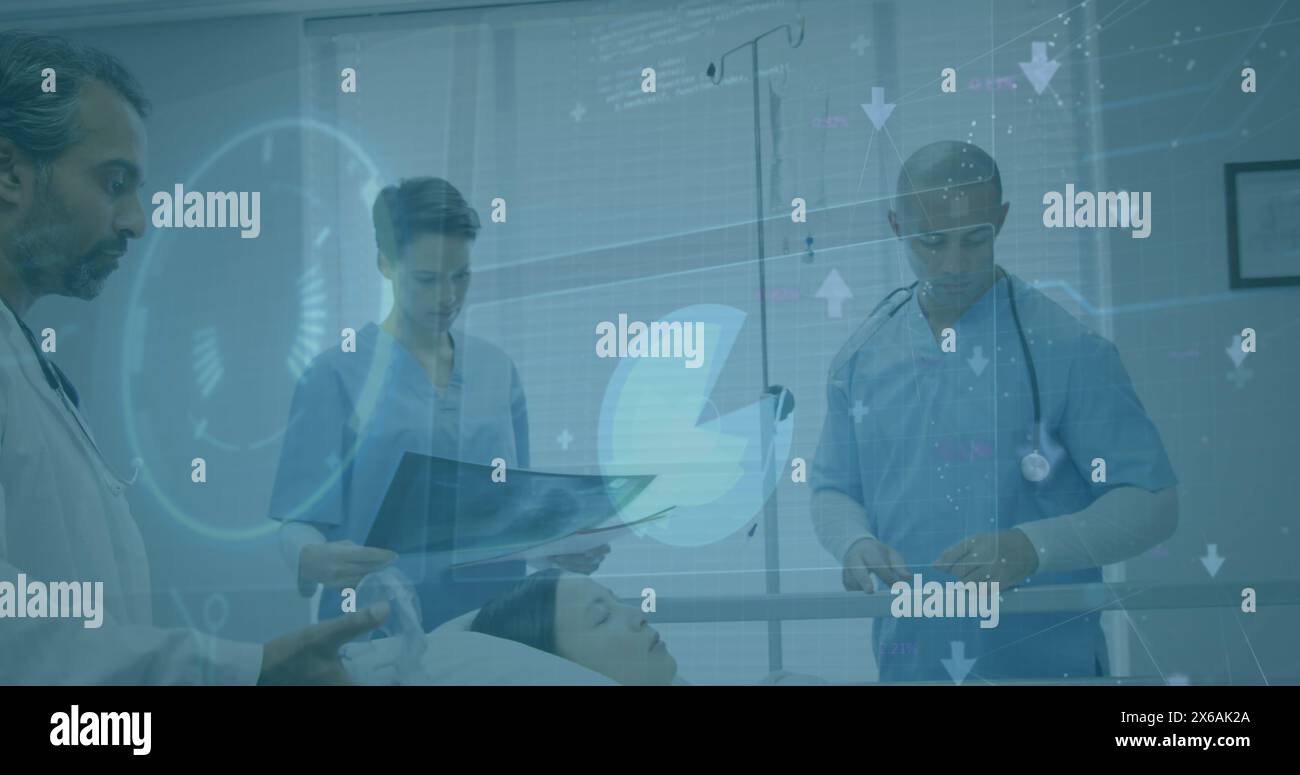 Image of data processing over diverse team of doctor and health workers ...