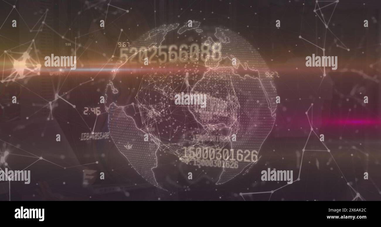 Image of changing numbers, light trails and network of connections over spinning globe Stock ...