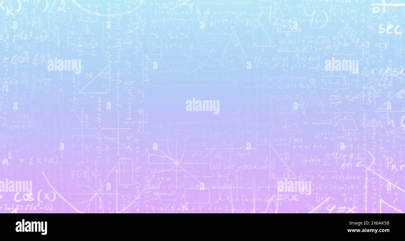 Image of mathematical equations and formulas floating against purple ...