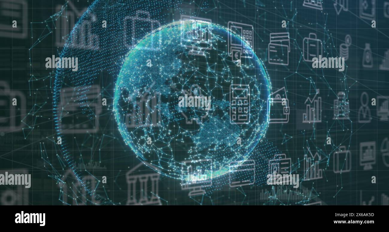 Image of interface with multiple digital icons against globe of network of connections Stock ...