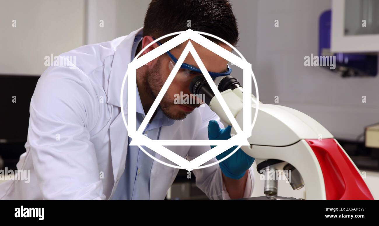 Image of looping geometric shaped, caucasian male scientist looking ...