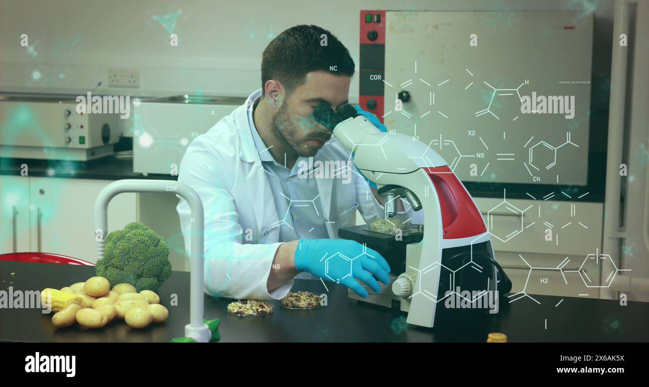 Image of molecule structures, nucleotides, caucasian scientist looking ...