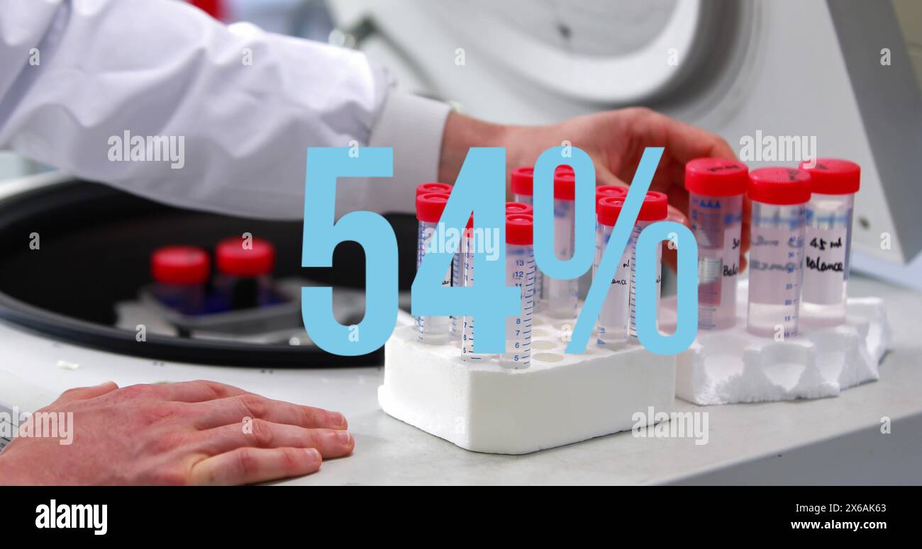 Image of countdown from 0 to 59 over cropped hand of scientist placing ...