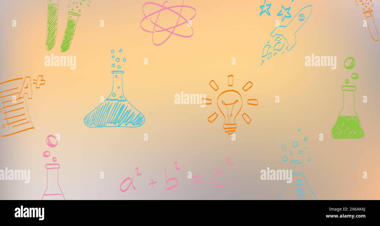 Image of multiple science concept icons against copy space on orange ...