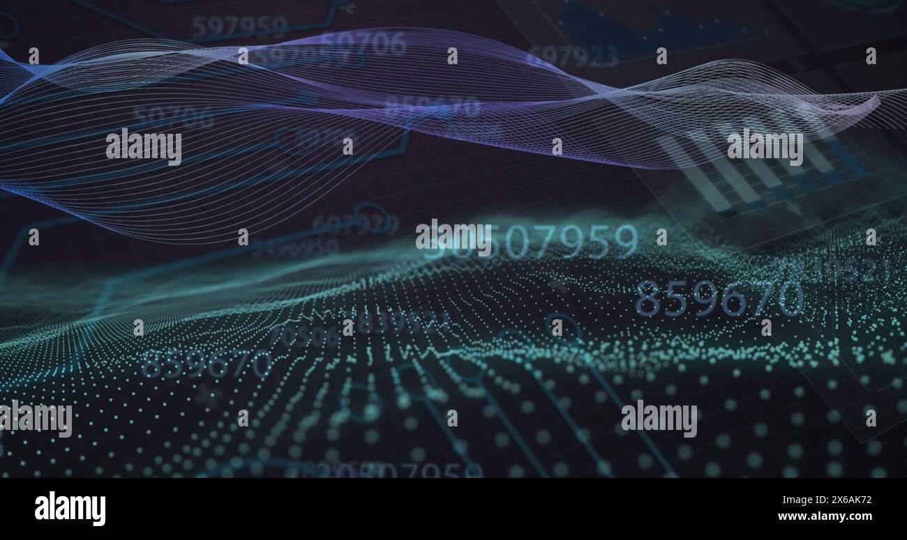 Image of multiple changing numbers and statistical data processing against digital wave Stock ...