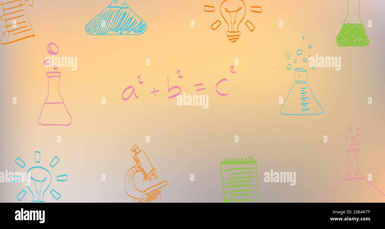 Image of multiple science concept icons against copy space on orange ...