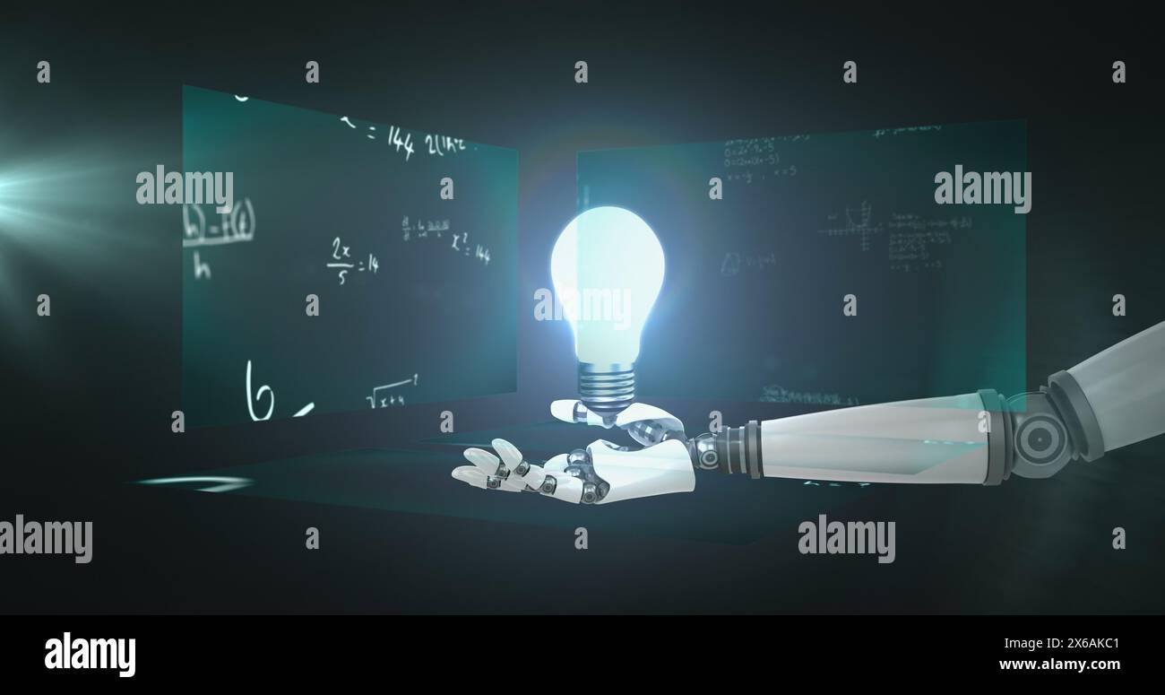 Image of robotic arm with lightbulb over mathematical equations Stock ...