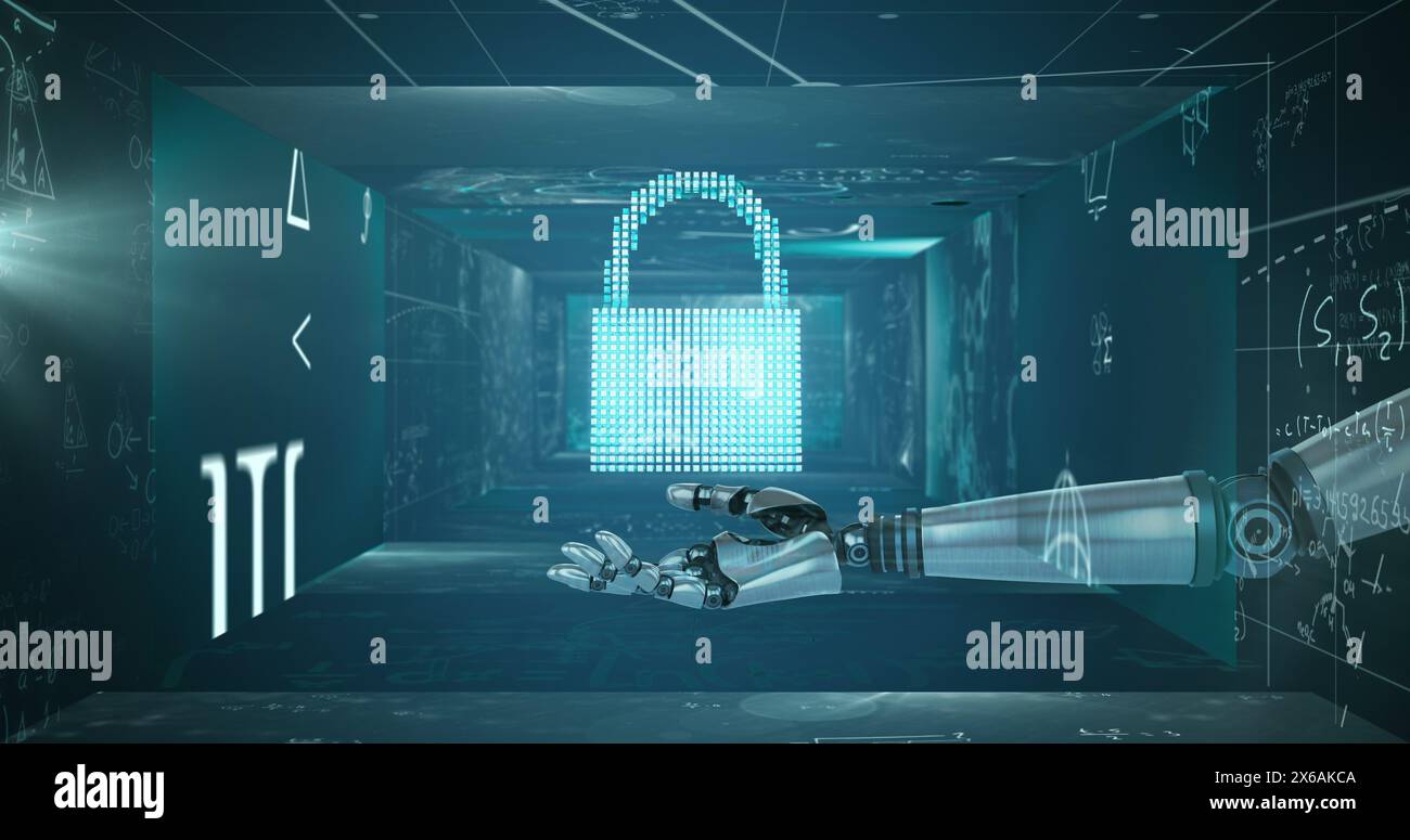 Image of robotic arm with padlock over mathematical symbols Stock Photo ...