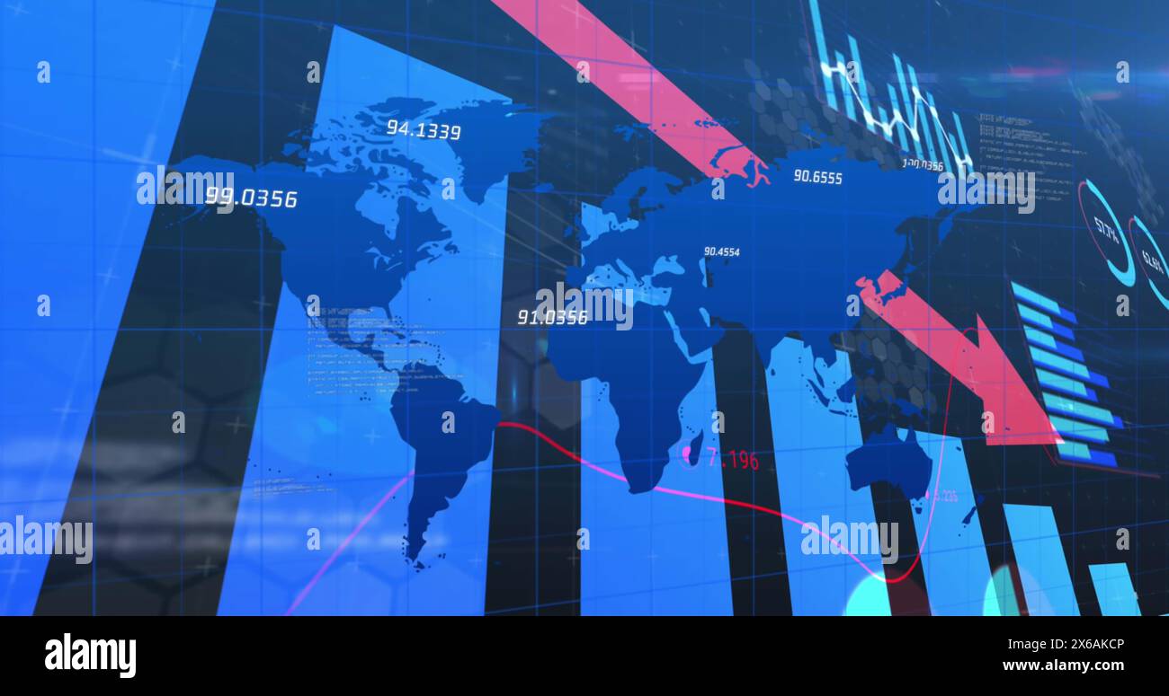 Image of financial data processing and world map over black background ...