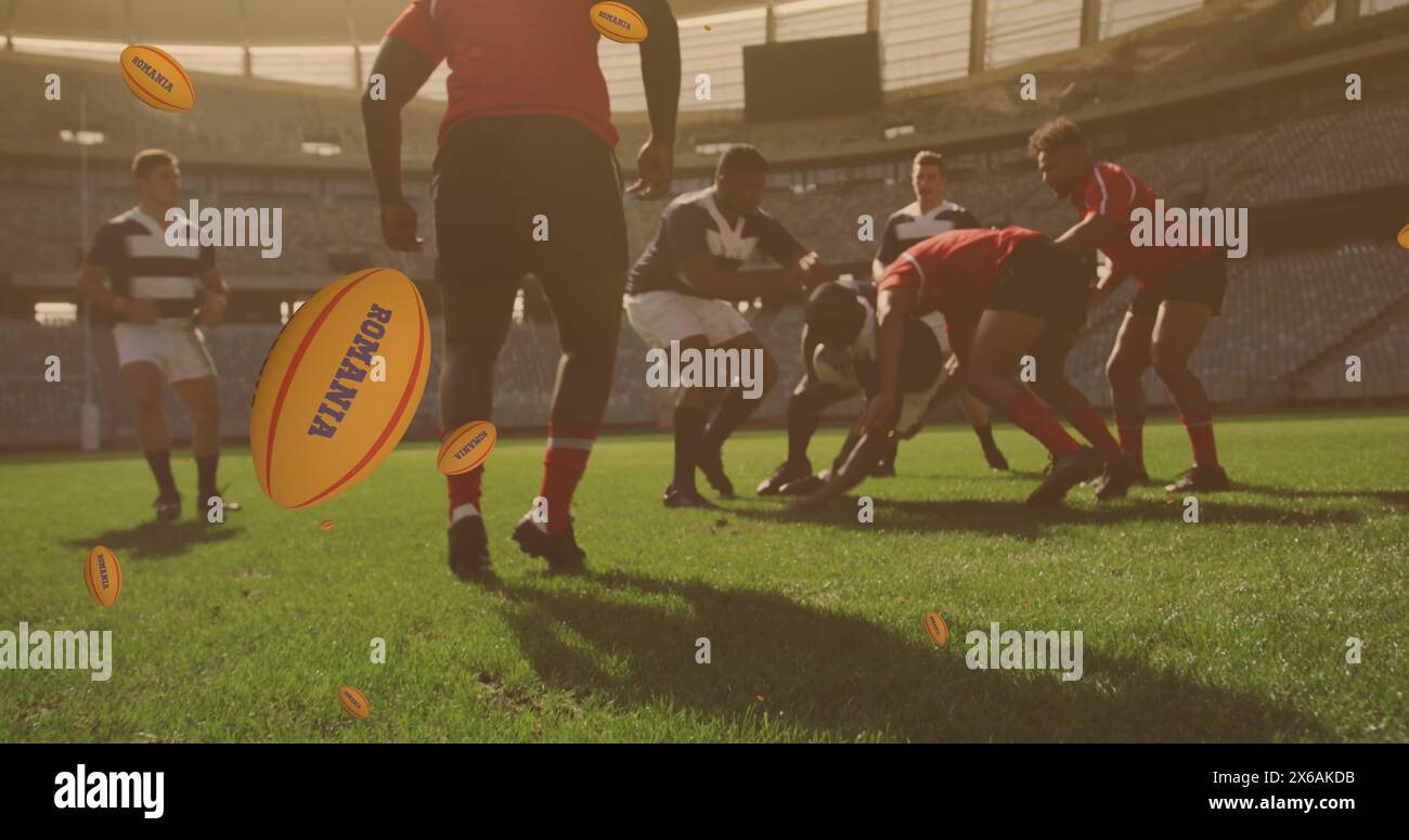 Image of rugby balls with romania text over diverse male rugby players ...