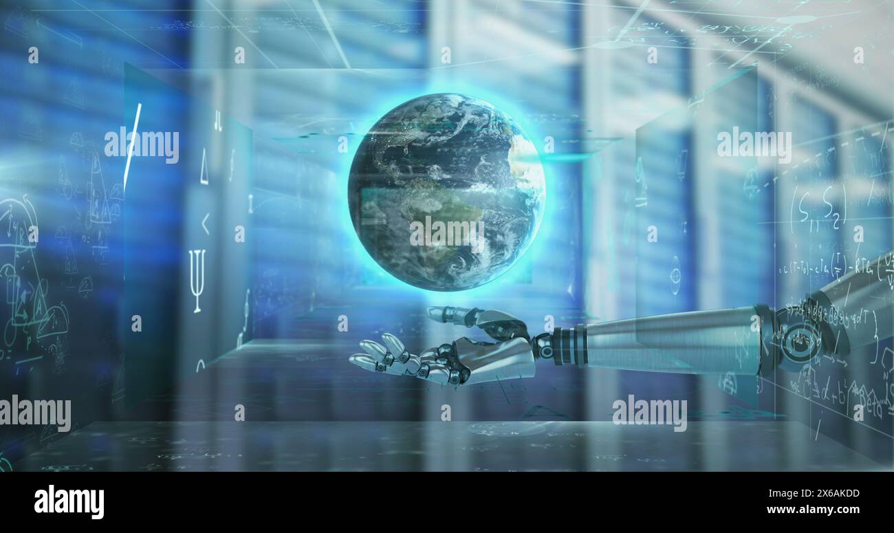Image of robotic arm with globe over mathematical equations and server ...