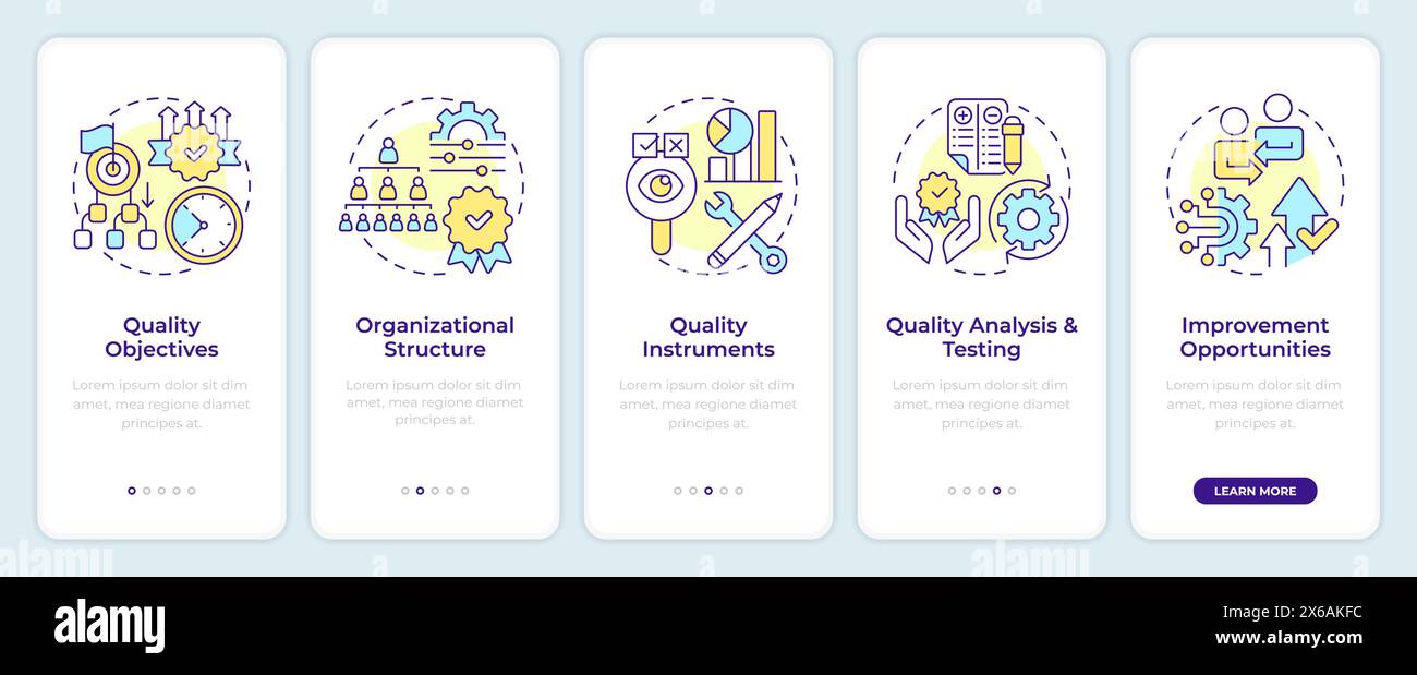 Quality management system elements onboarding mobile app screen Stock ...