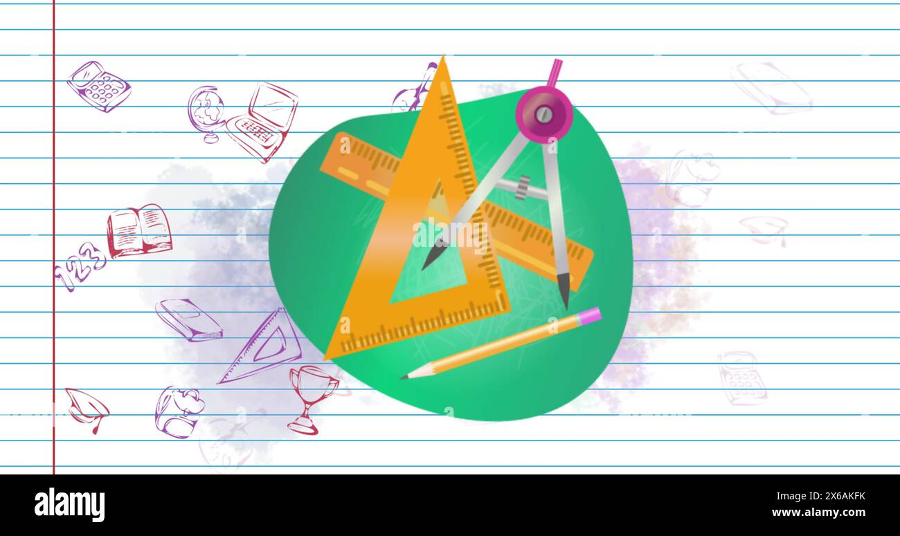 Image of falling school supplies over lined sheet Stock Photo - Alamy