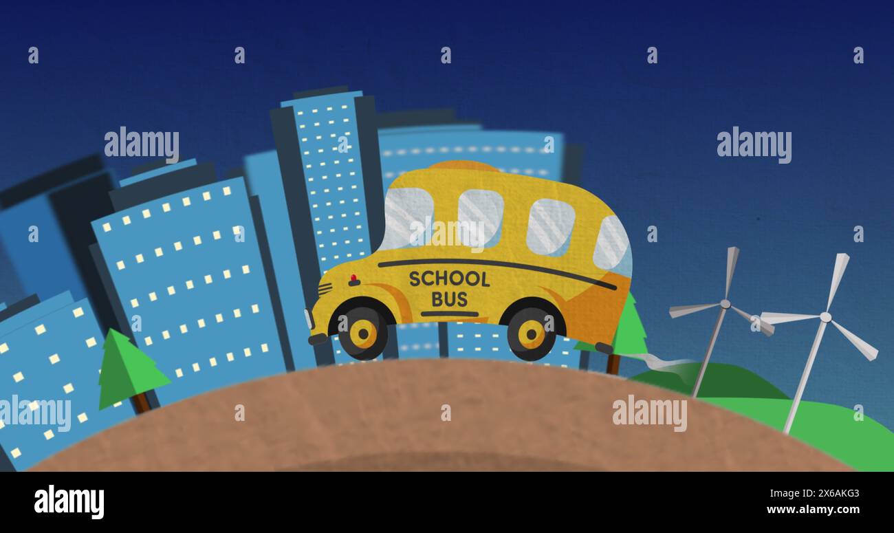 School bus driving through city, passing wind turbines Stock Photo - Alamy