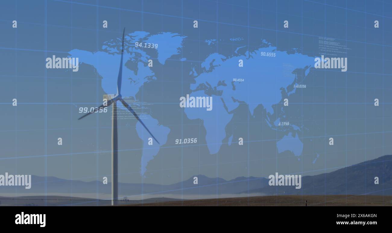 Image of data processing and world map over windmill Stock Photo - Alamy
