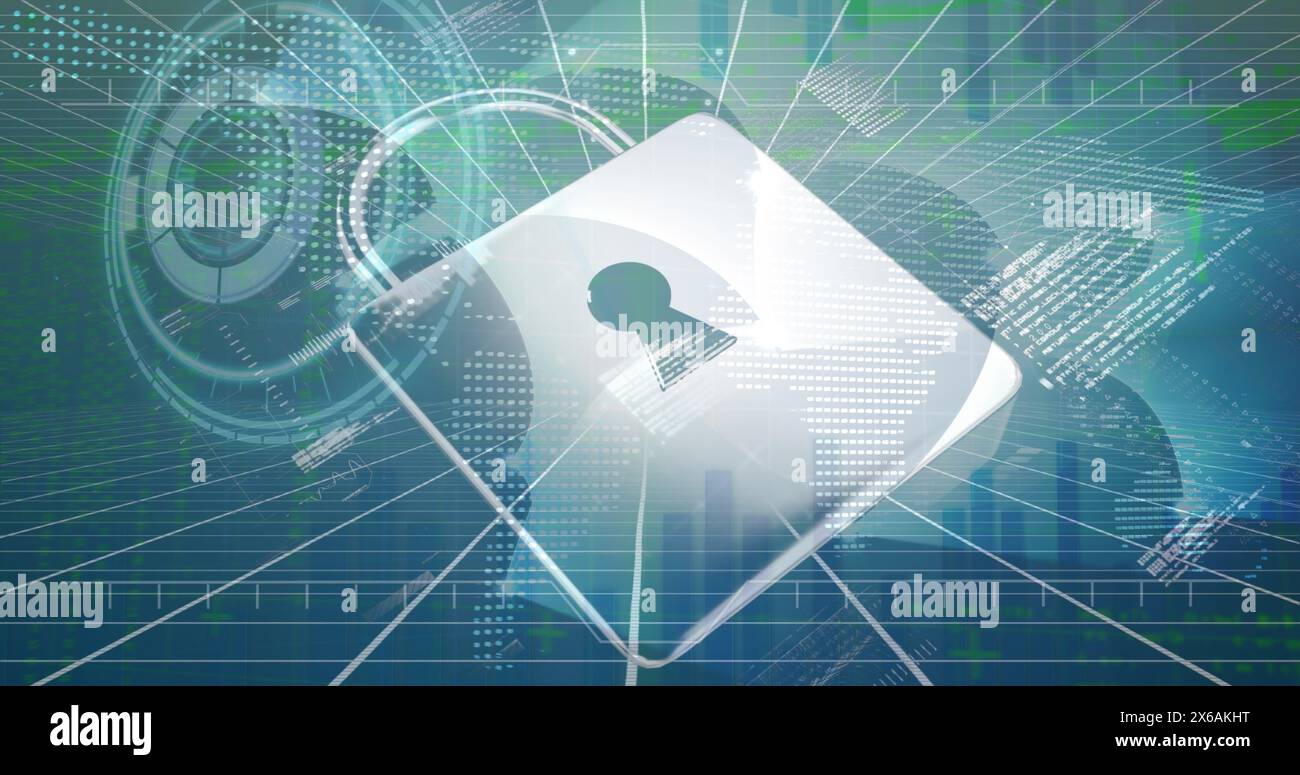 Image of data processing over padlock icon and scope scannig on blue background Stock Photo - Alamy