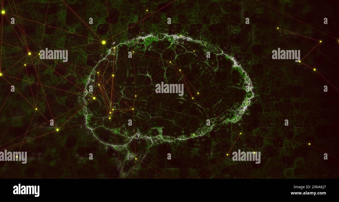 Image of human brain and network of connections over dark background ...
