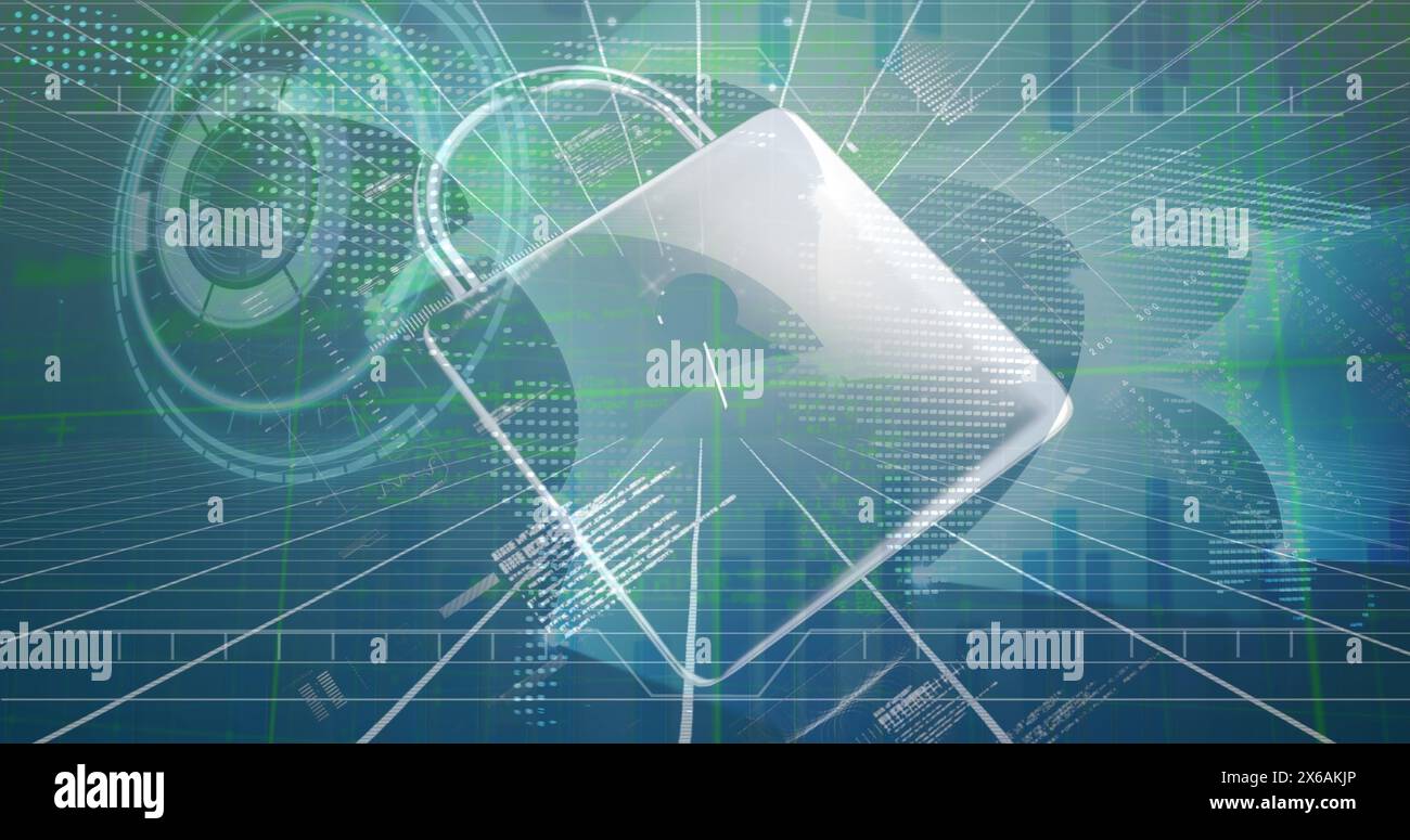 Image of data processing over padlock icon and scope scannig on blue background Stock Photo - Alamy