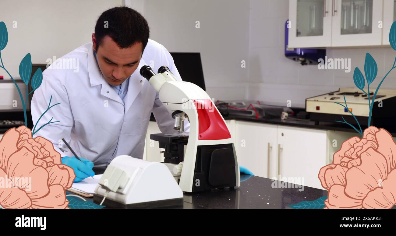 Image of scientific data processing over male caucasian scientist using microscope in laboratory ...