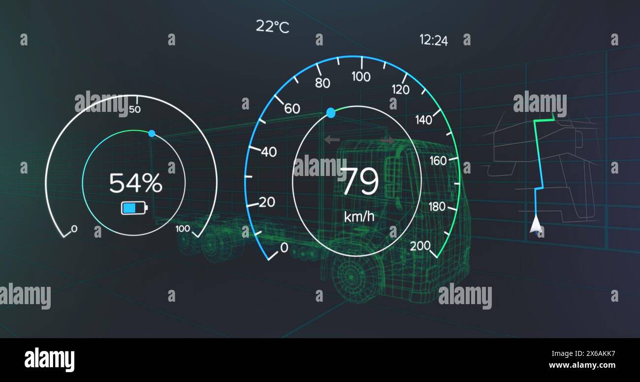 Three digital gauges are displaying various vehicle metrics Stock Photo ...