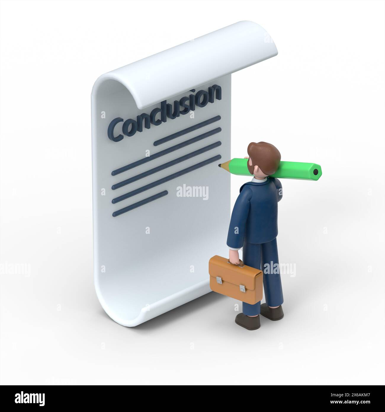 3D illustration of bearded american businessman Bob writes conclusion ...