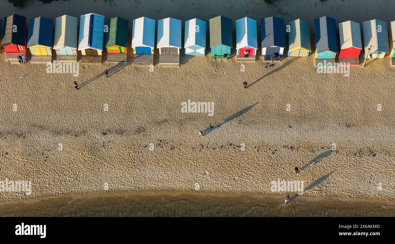 Melbourne Australia. Aerial view of the Brighton Beach bathing boxes on ...