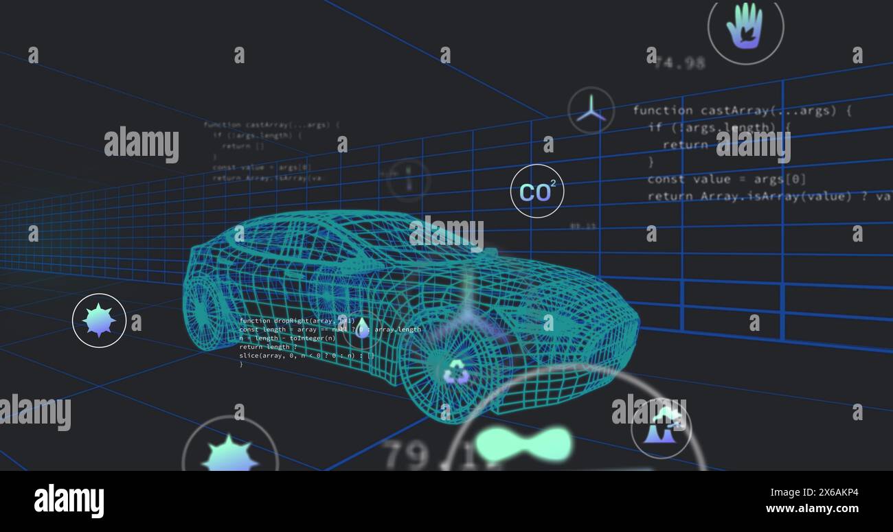 Image of data processing with icons over digital car on background ...