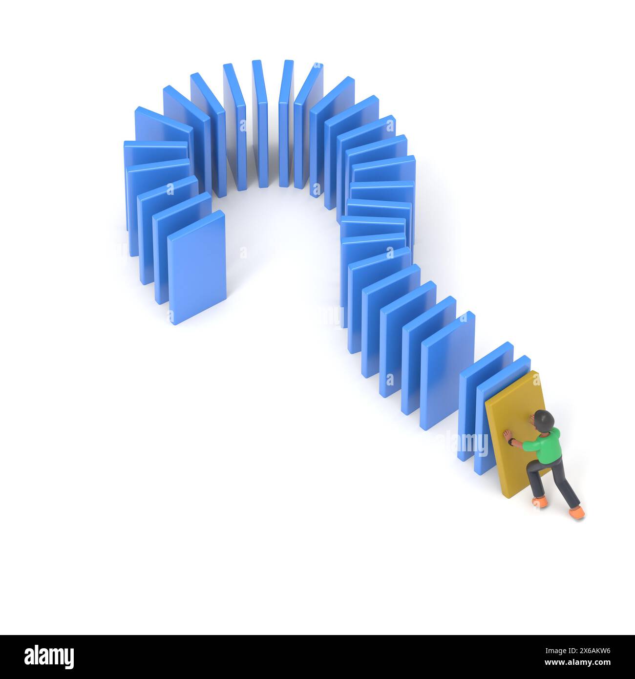 3D illustration of handsome afro man David pushes a domino built in the ...