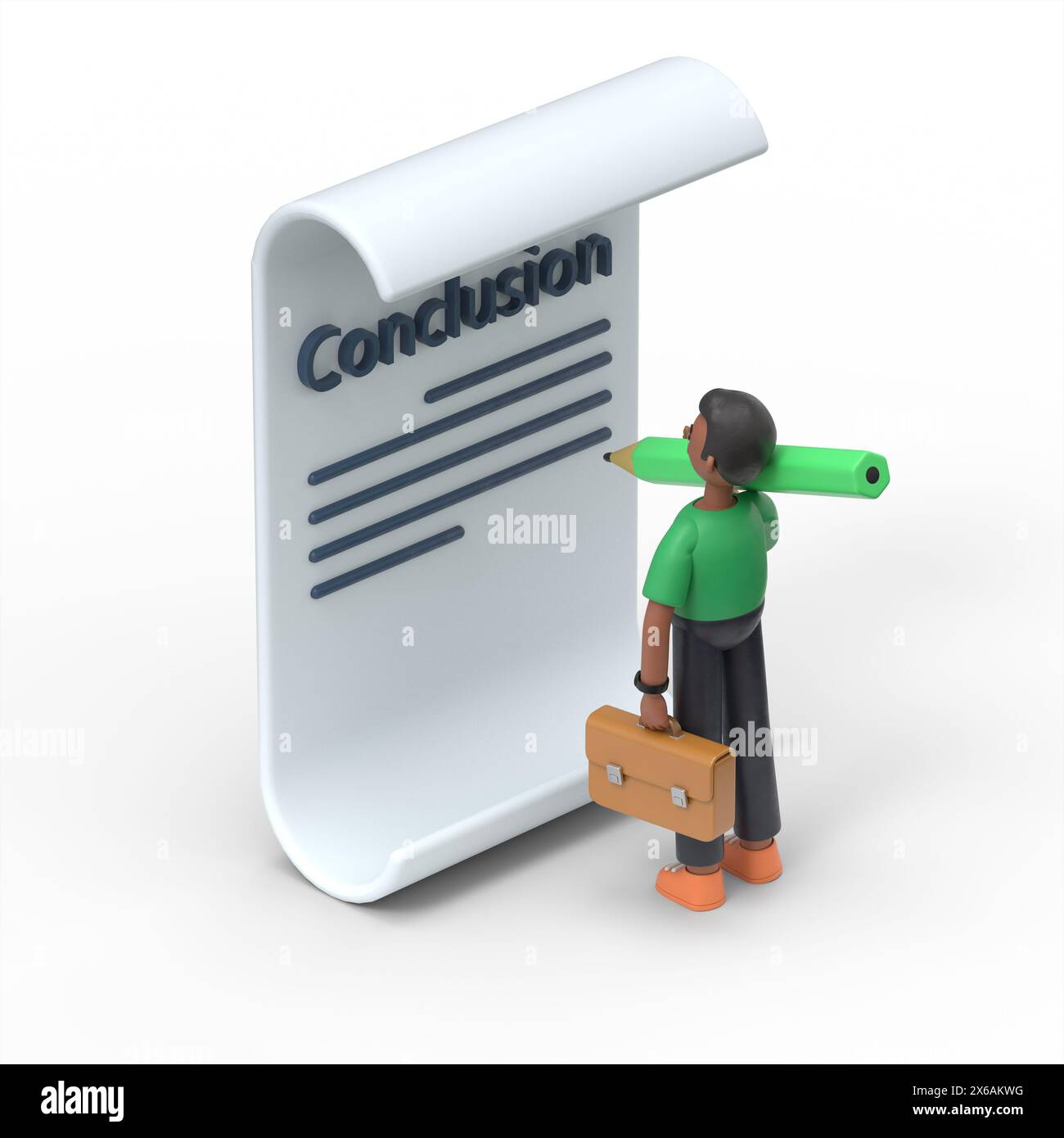 3D illustration of handsome afro man David writes conclusion, report ...