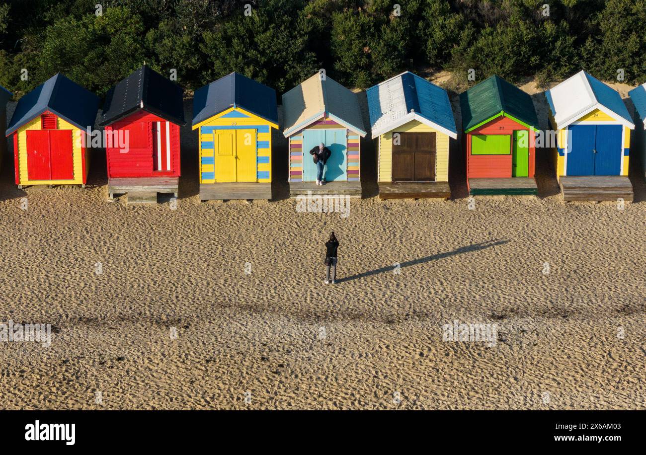 Melbourne Australia. Aerial view of the Brighton Beach bathing boxes on ...