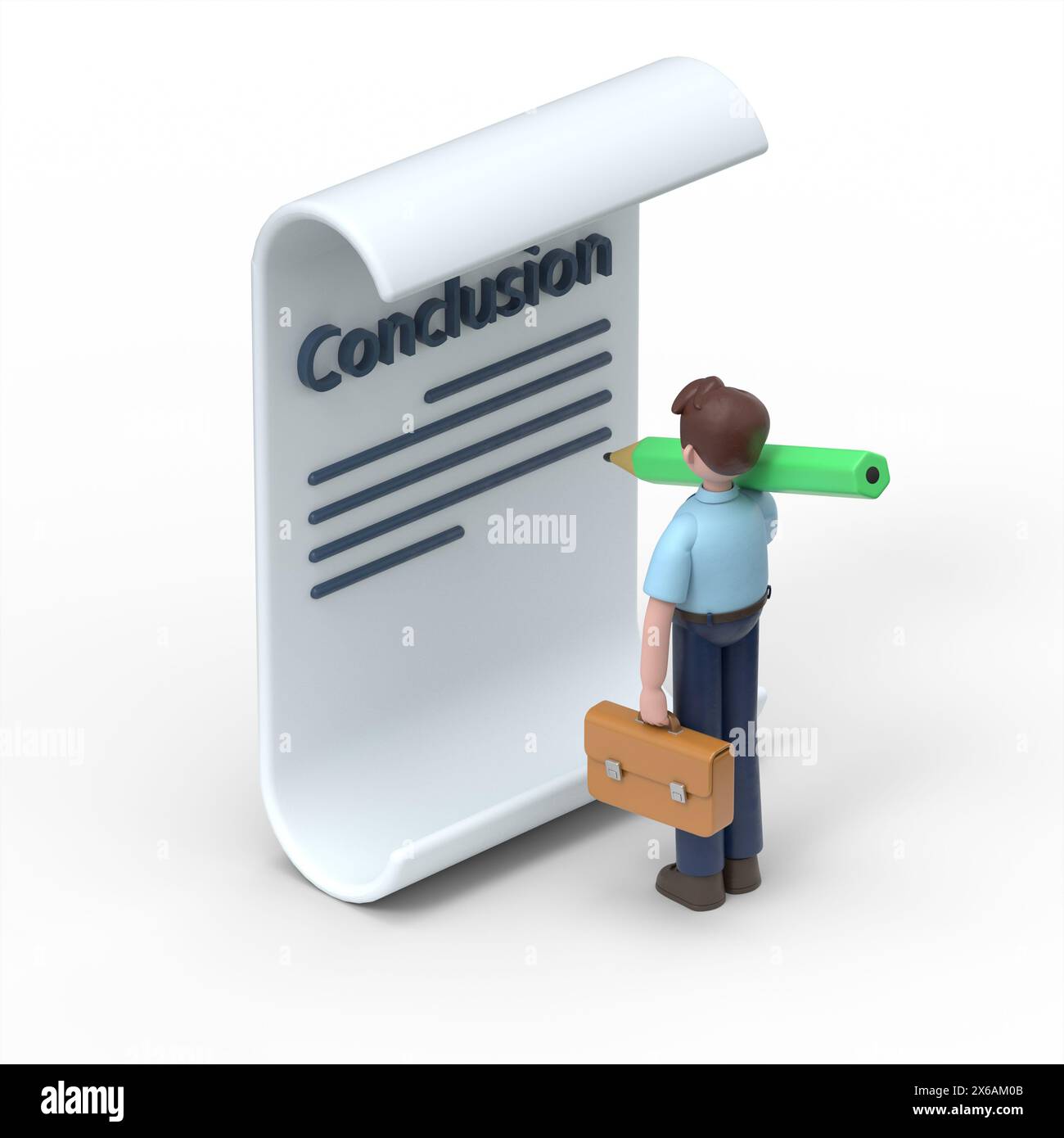 3D illustration of Asian man Felix writes conclusion, report concept ...