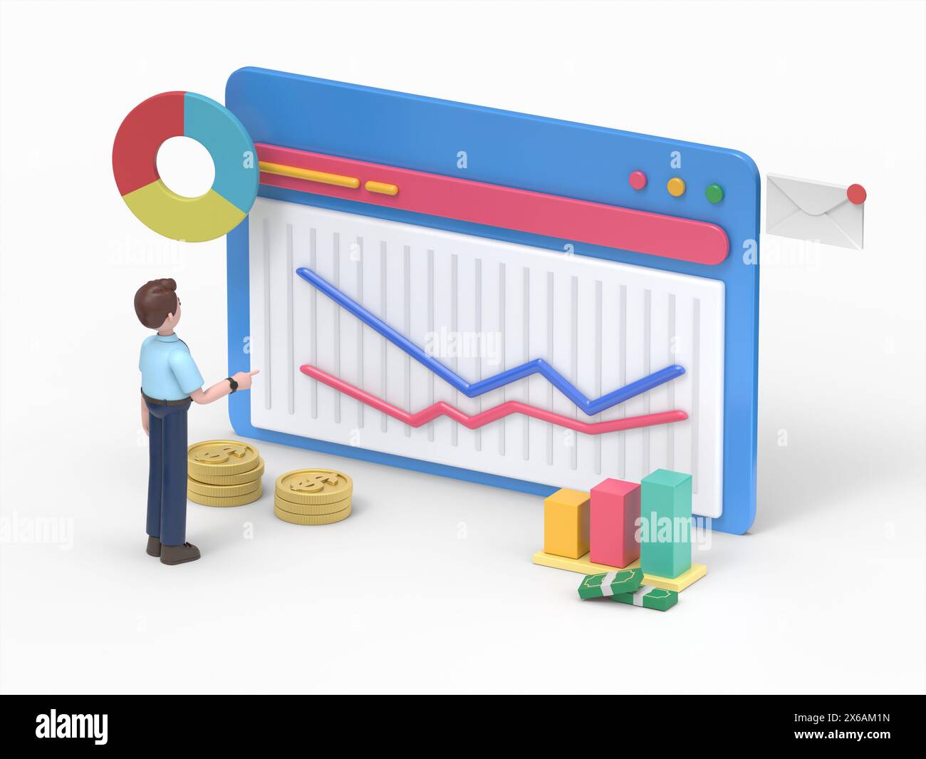 3d Illustration Of Asian Man Felix Analyzing Financial Data And