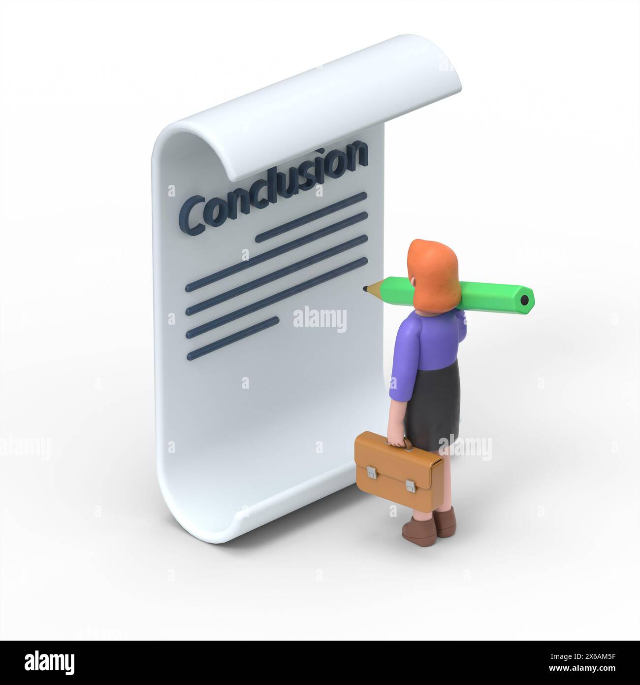 3D illustration of European businesswoman Ellen writes conclusion ...